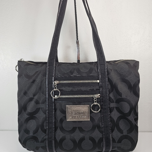 Coach | Bags | Coach Poppy Op Art Glam Zip Top Tote Black C Monogram ...